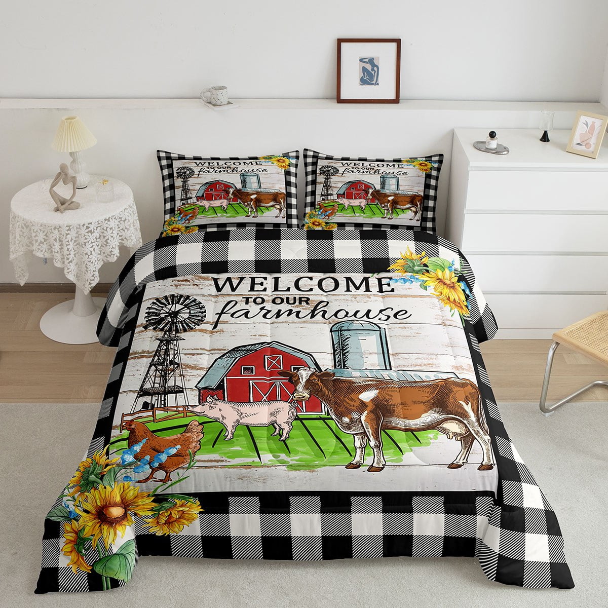 Farmhouse Comforter Set, Rustic Windmill Bedding Set Queen Size Teens ...