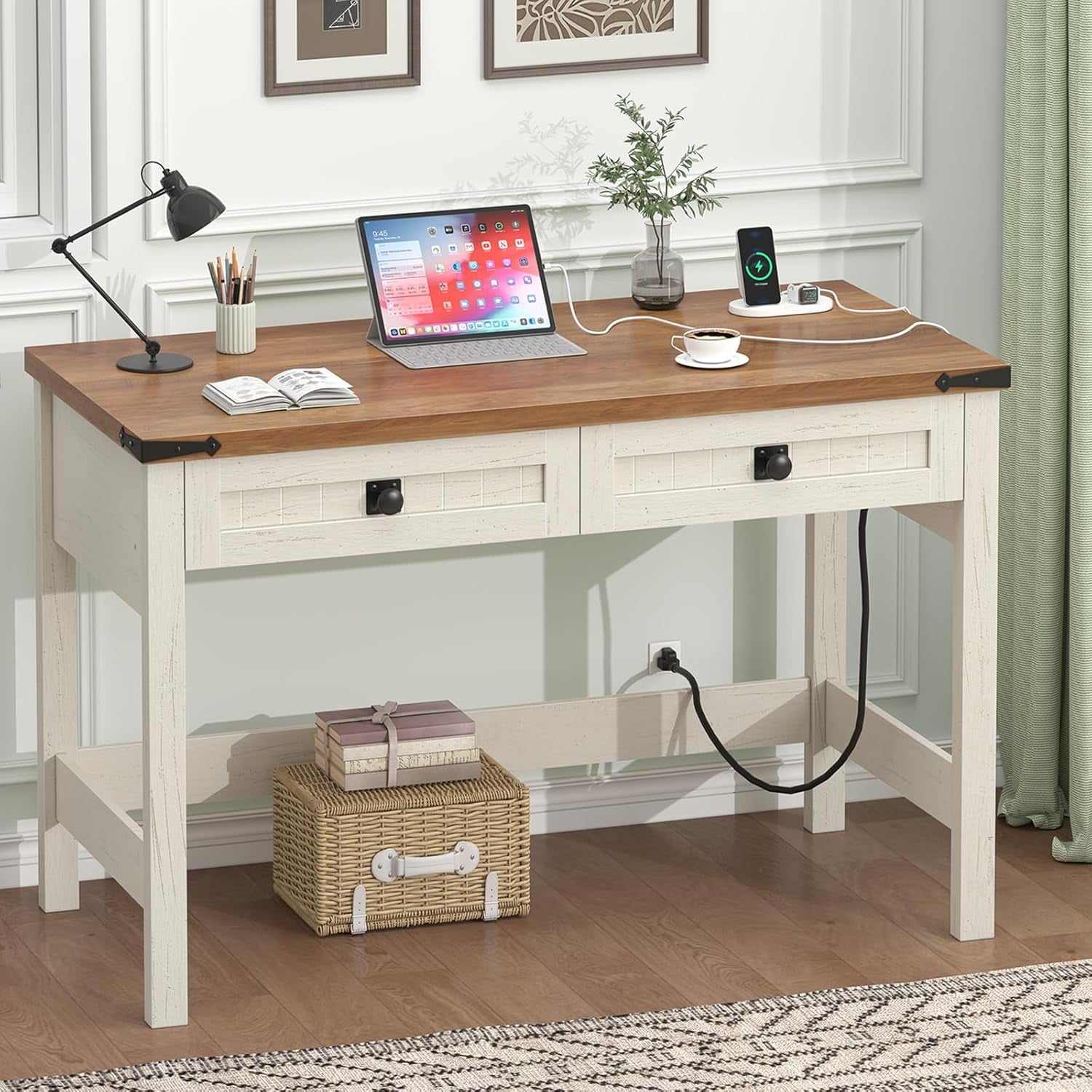 Farmhouse Computer Desk with 2 Drawers, 39 Inch Small Office Computer ...