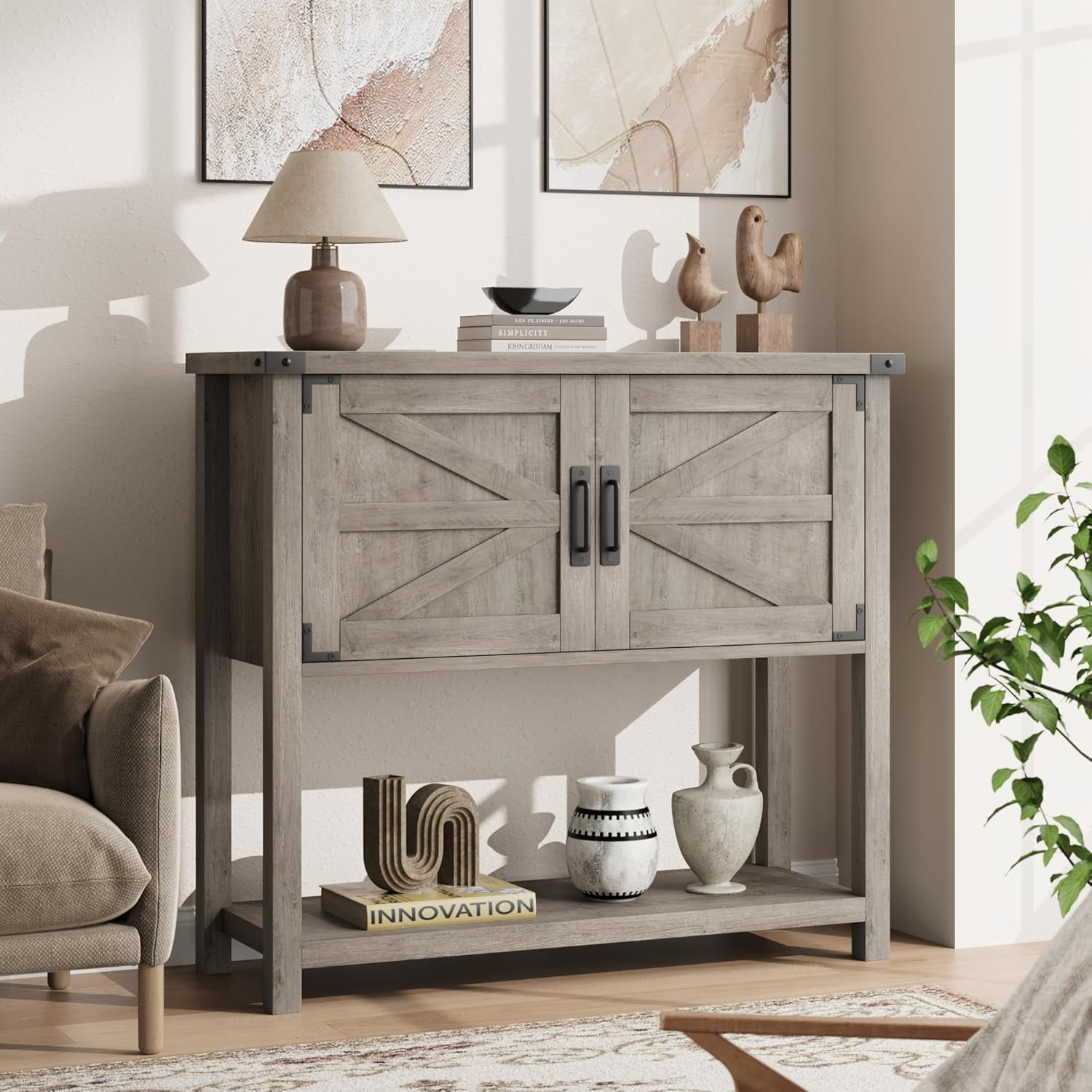 Farmhouse Console Table with 2-Door Wood Coffee Bar Cabinet Sofa Table ...