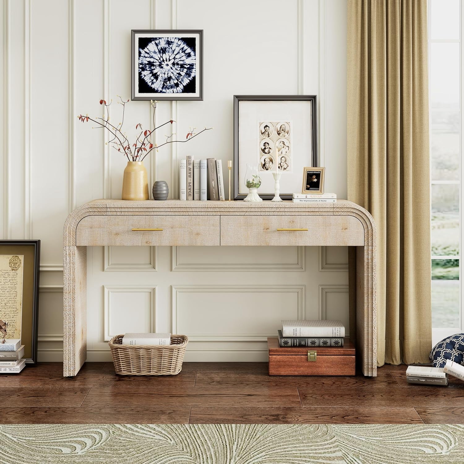 Farmhouse Console Table with 2 Drawers, Entryway Table with Gold Metal ...