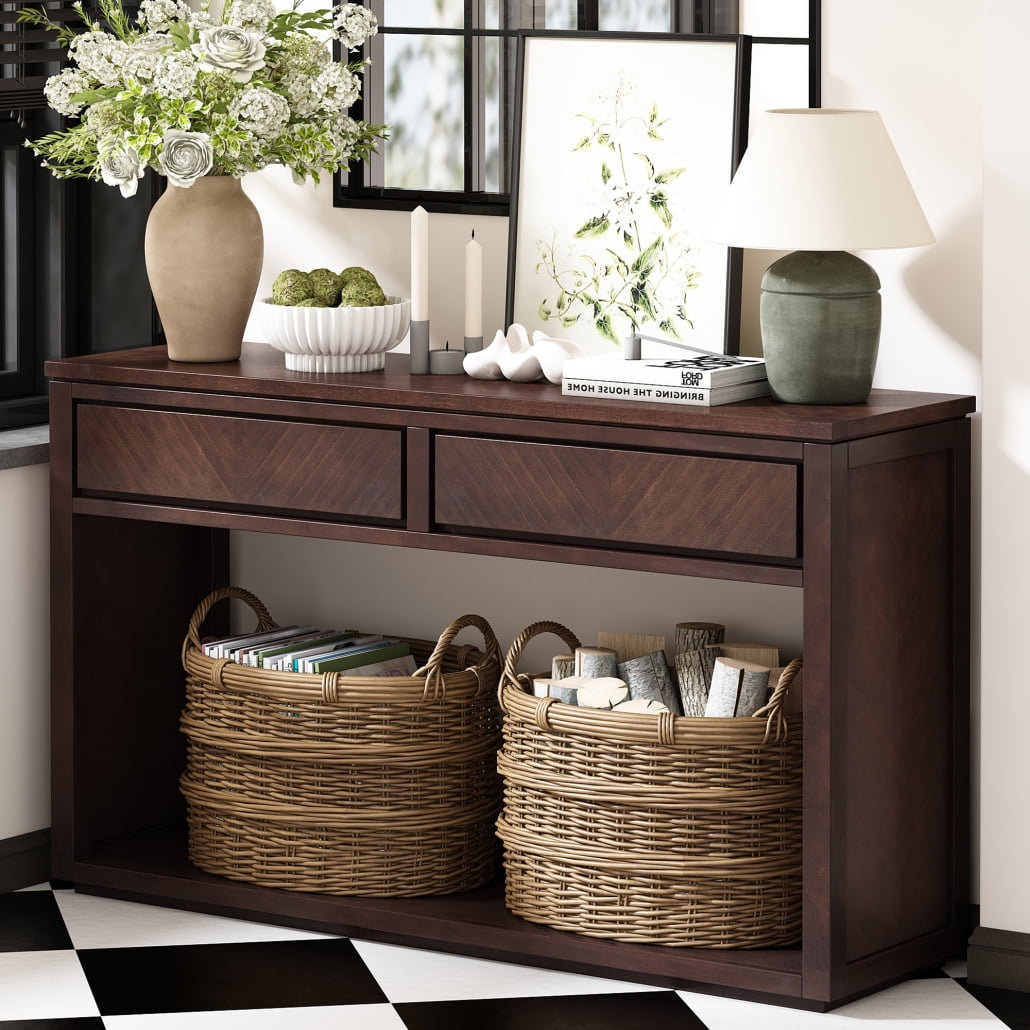 Farmhouse Console Table with 2 Drawers & Open Shelf, Narrow Entryway ...