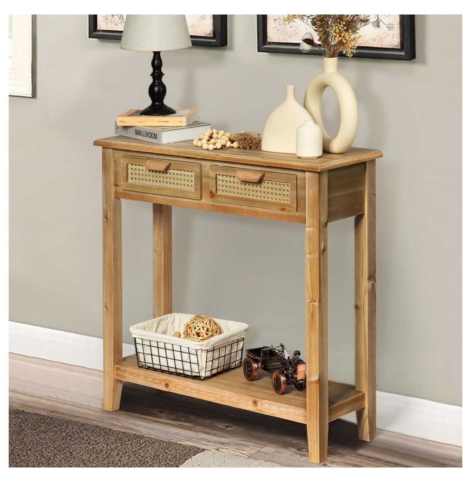 Farmhouse Console Table with 2 Rattan Drawers, 33" Long Narrow Boho ...
