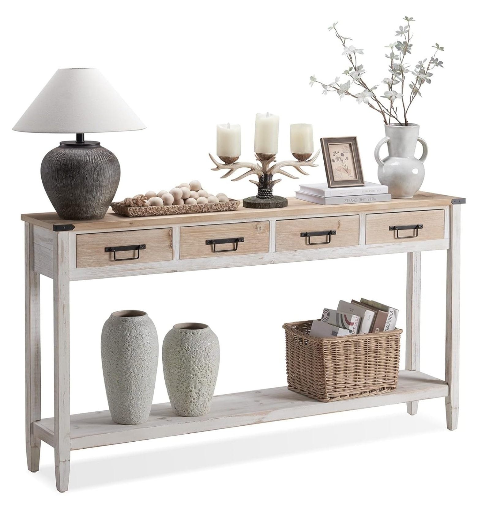 Farmhouse Console Table with 4 Drawer, 60" Long Rustic Entryway Table ...
