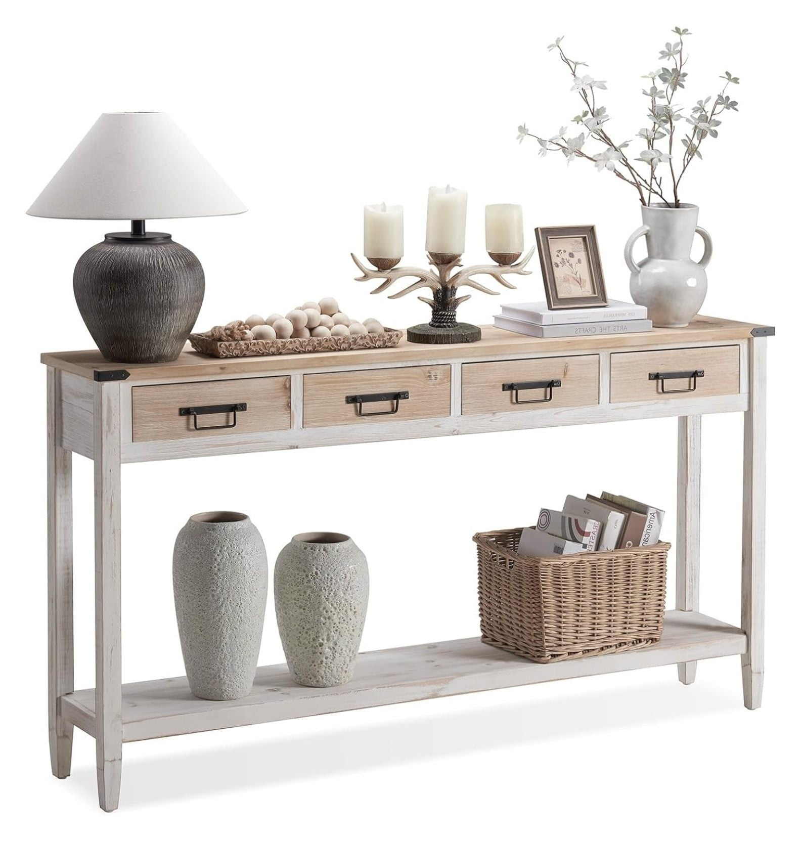 Farmhouse Console Table with 4 Drawer, 60" Long Rustic Entryway Table with Open Storage Shelves ...