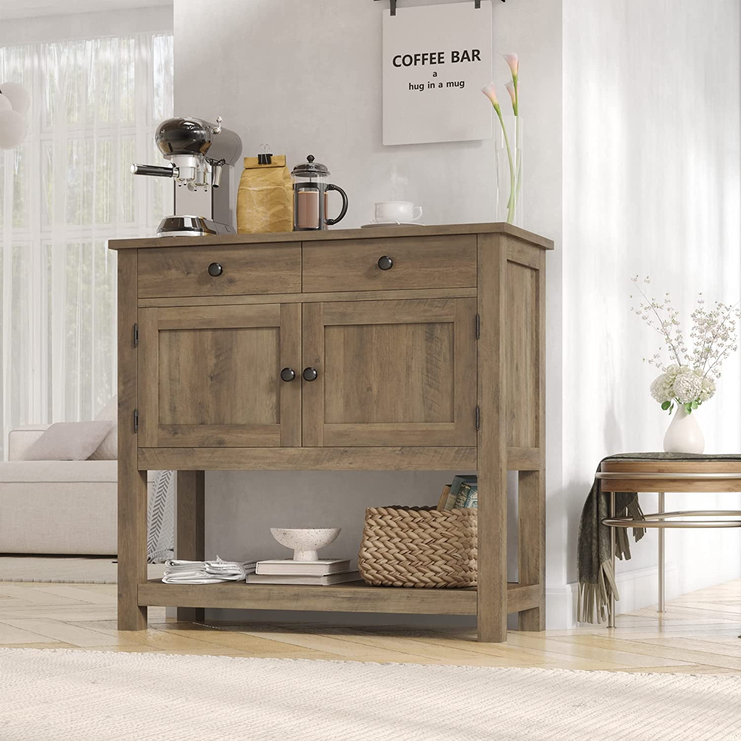 Farmhouse Console Table with Cabinet & Drawers – Coffee Bar, Entryway ...