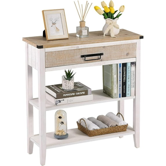 Farmhouse Console Table with Drawer, 3-Tier Rustic Entryway Table with ...