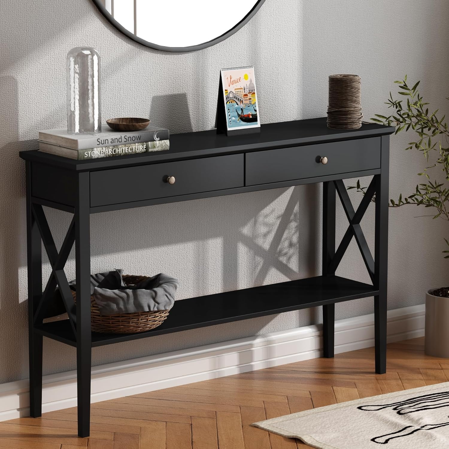 Farmhouse Console Table with Drawers, Narrow Wood Accent Sofa Table ...