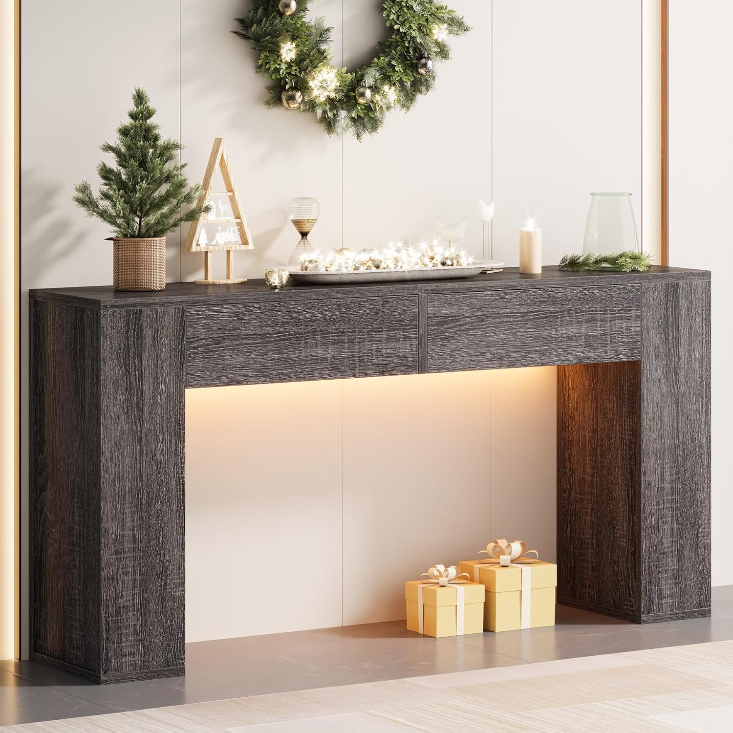 Farmhouse Console Table with LED Light, 55 inch Long Sofa Table Behind ...