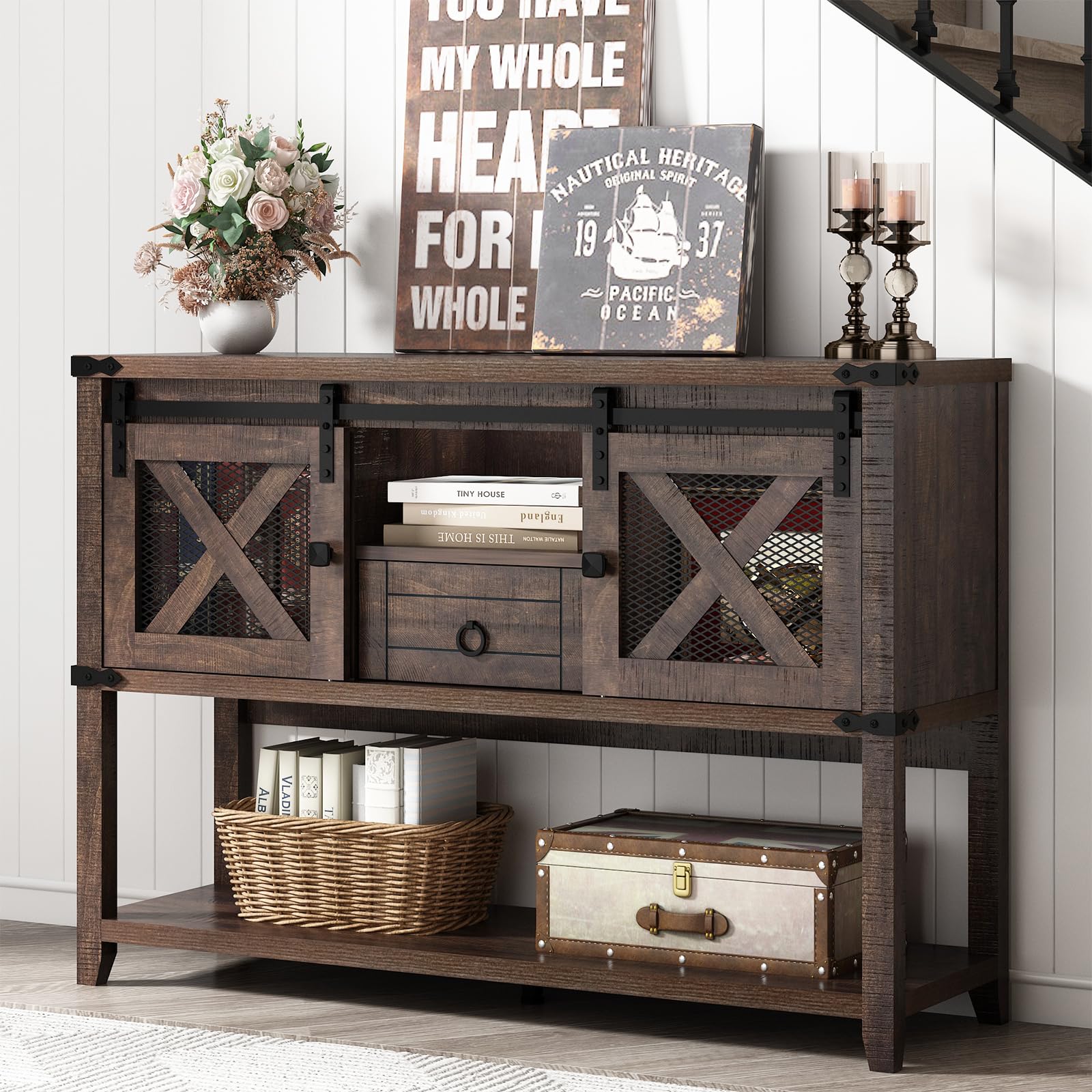Farmhouse Console Table with Sliding Barn Doors and Drawer, 46 Inch ...