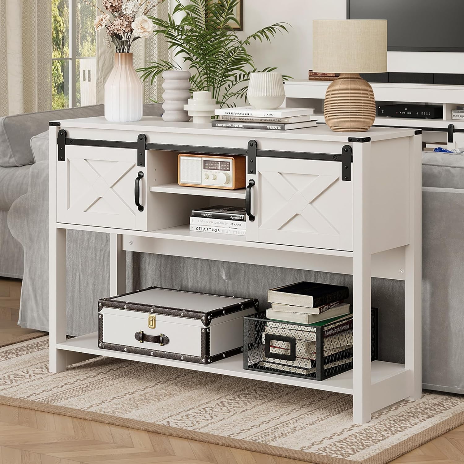 Farmhouse Console Table with Storage Shelf & Sliding Barn Door, Wood ...