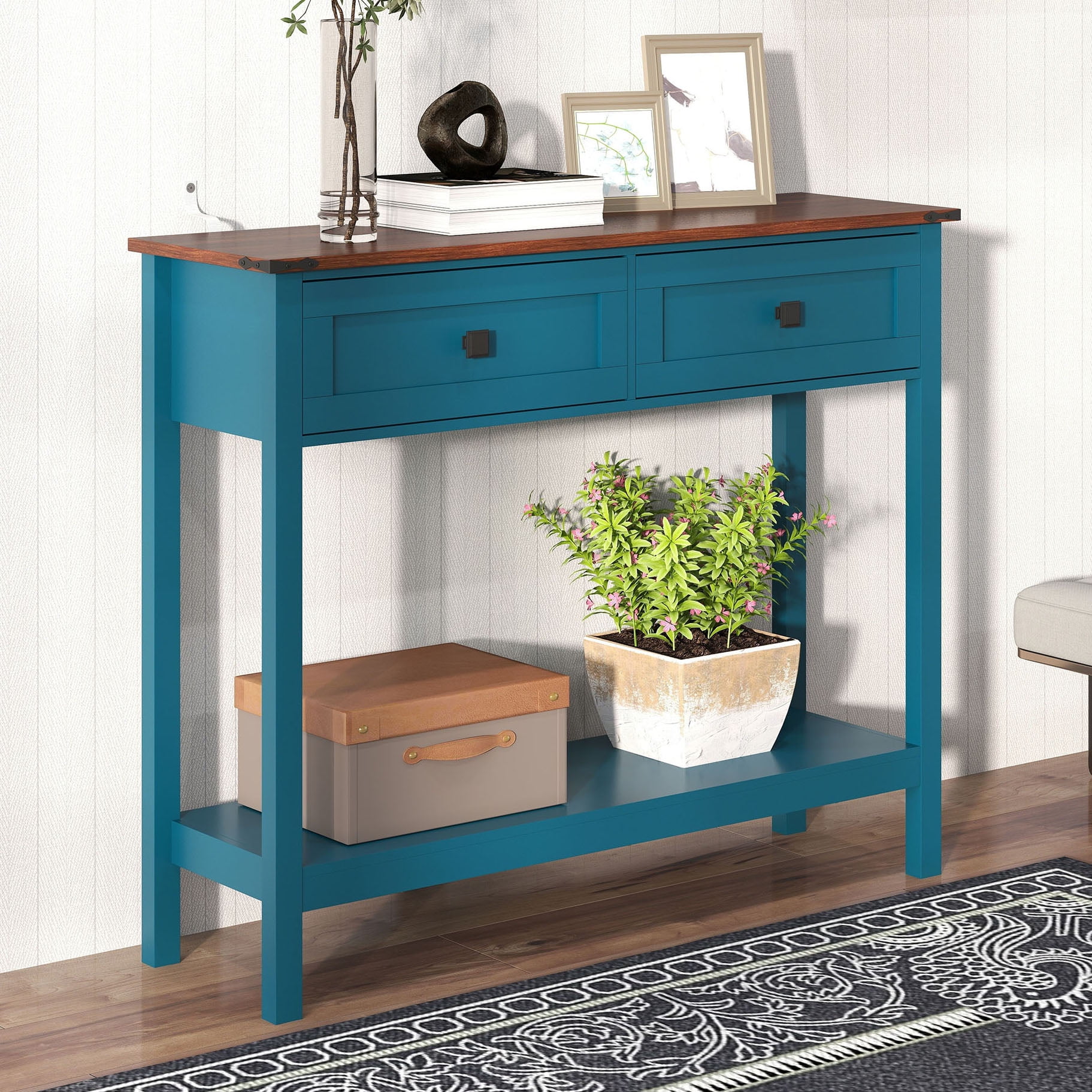 Farmhouse Console Table in Pagoda Blue with 2 Drawers and Bottom Shelf ...