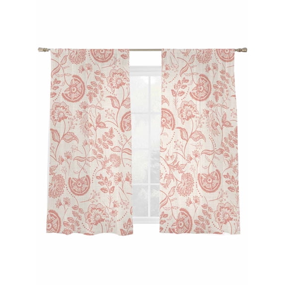 Farmhouse Coral Pink Floral Sheer Curtains 2 Panels Set Linen Boho ...