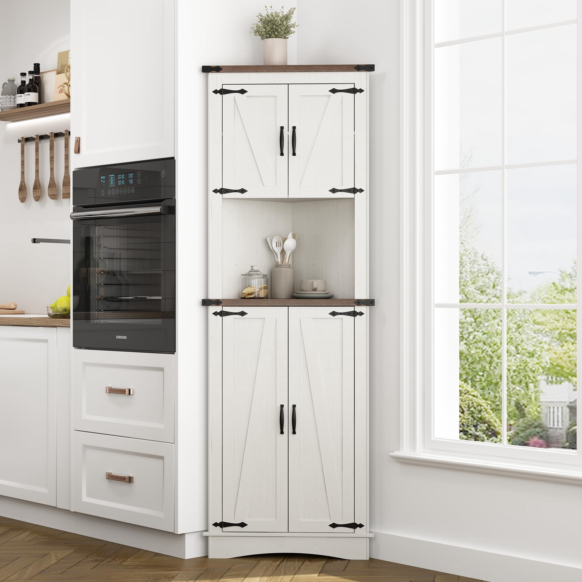 Farmhouse Corner Storage Cabinet 68 Inches Tall, 4 Door Adjustable ...