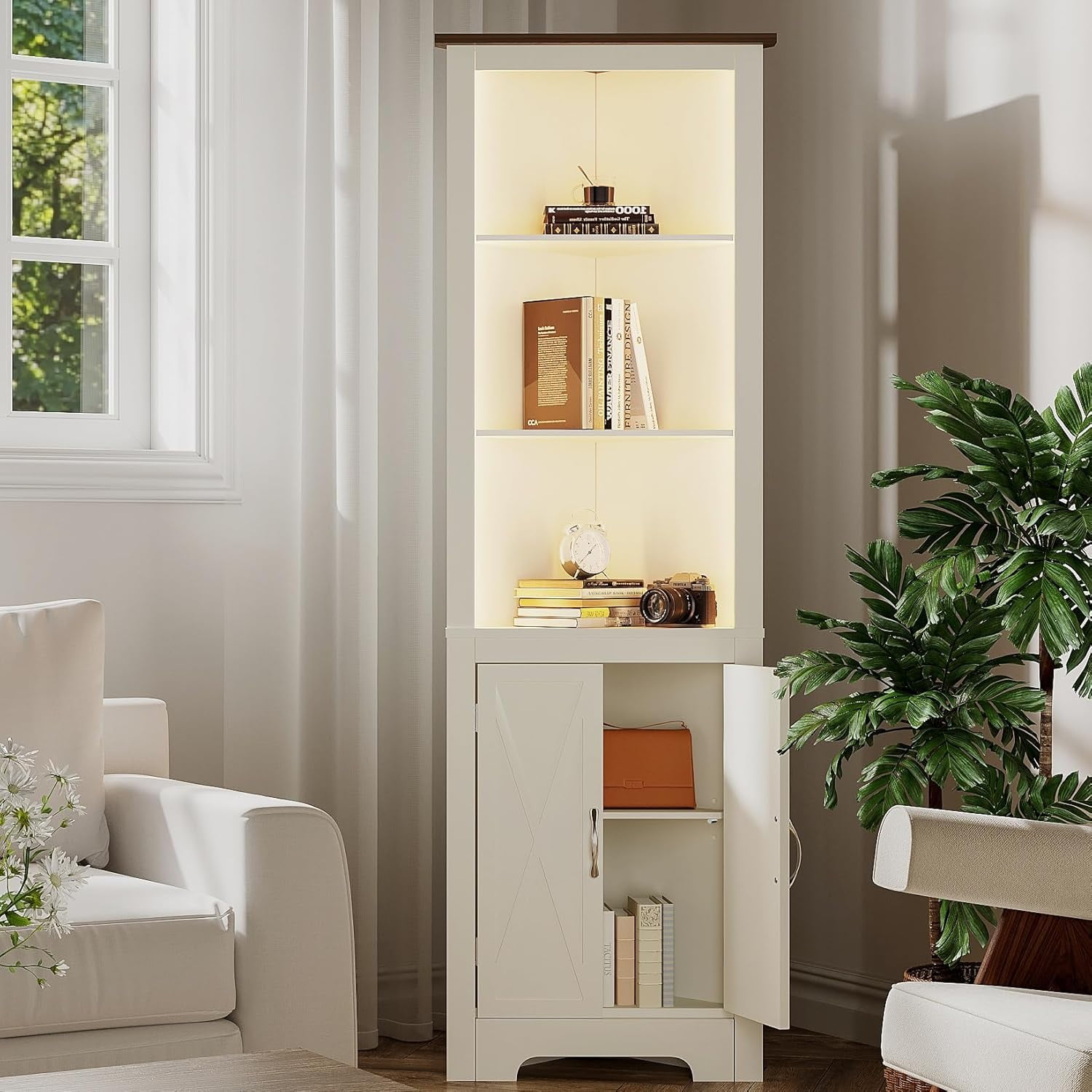 Farmhouse Corner Storage Cabinet with LED Lights, 5-Tier Bookshelf ...