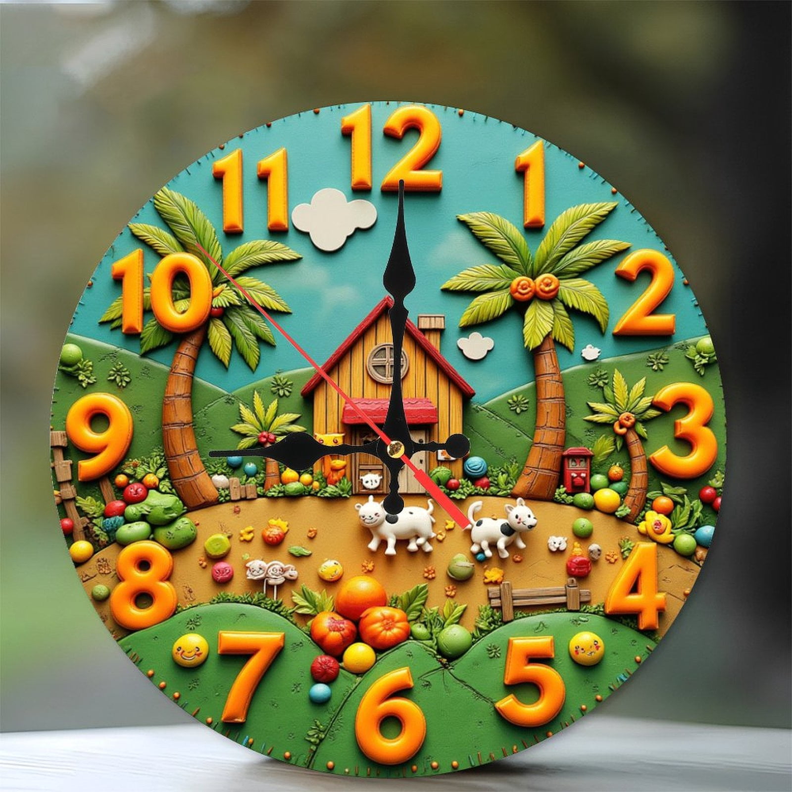 Farmhouse Cottage Scene Resin Clock Wall Decor 10-Inch Silent Wooden ...