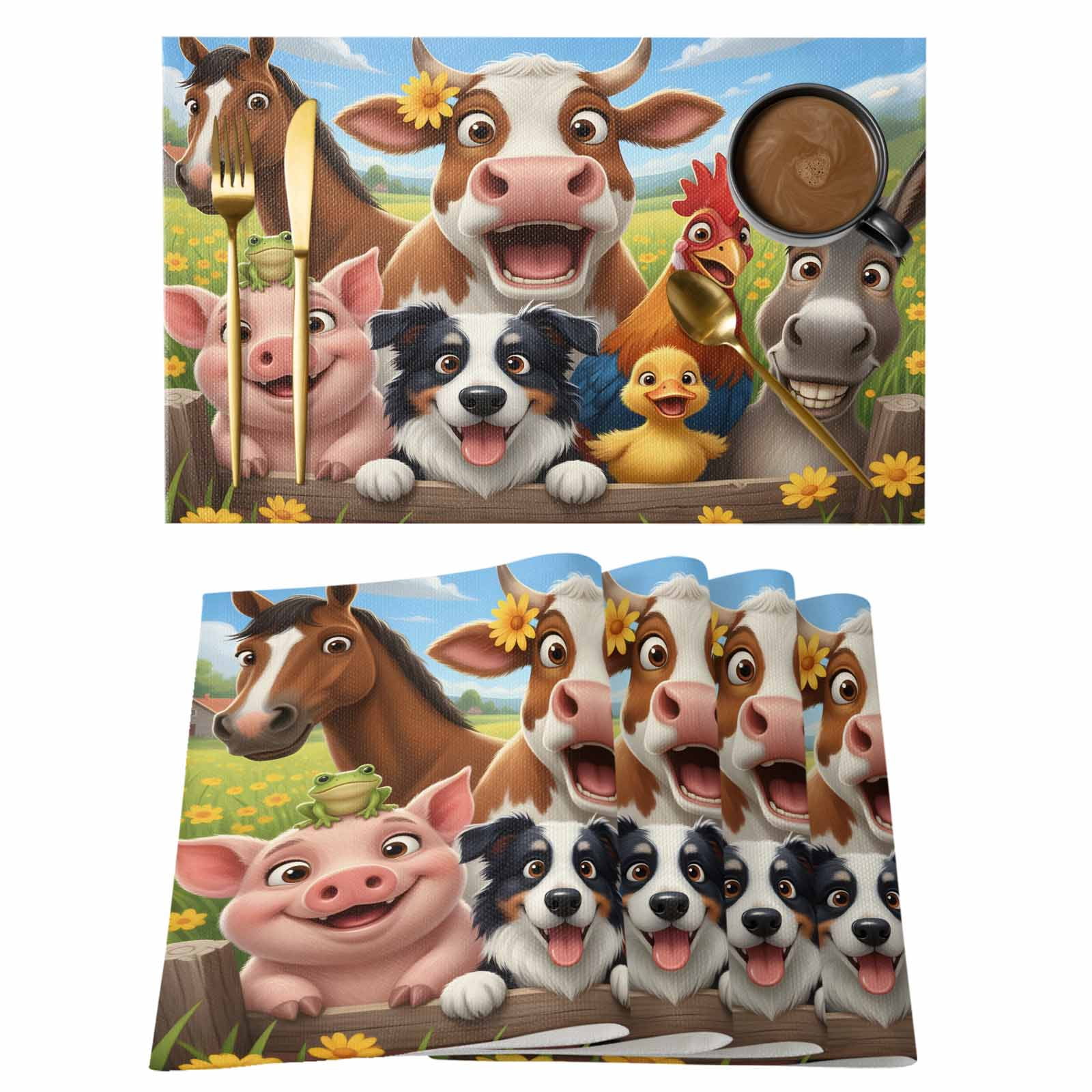 Farmhouse Cotton Linen Placemats Set of 1, Funny Cow Horse Pig Face ...