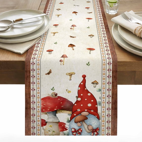 Farmhouse Cotton Linen Table Runner Red Mushroom Gnomes Leaf Beige ...