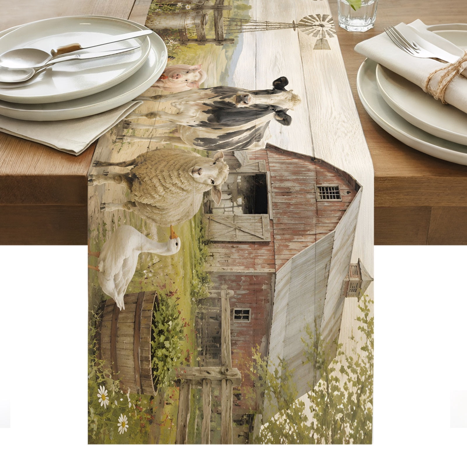 Farmhouse Cotton Linen Table Runner Sheep Goose Cow Pig Barn Rustic ...