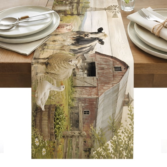 Farmhouse Cotton Linen Table Runner Sheep Goose Cow Pig Barn Rustic ...