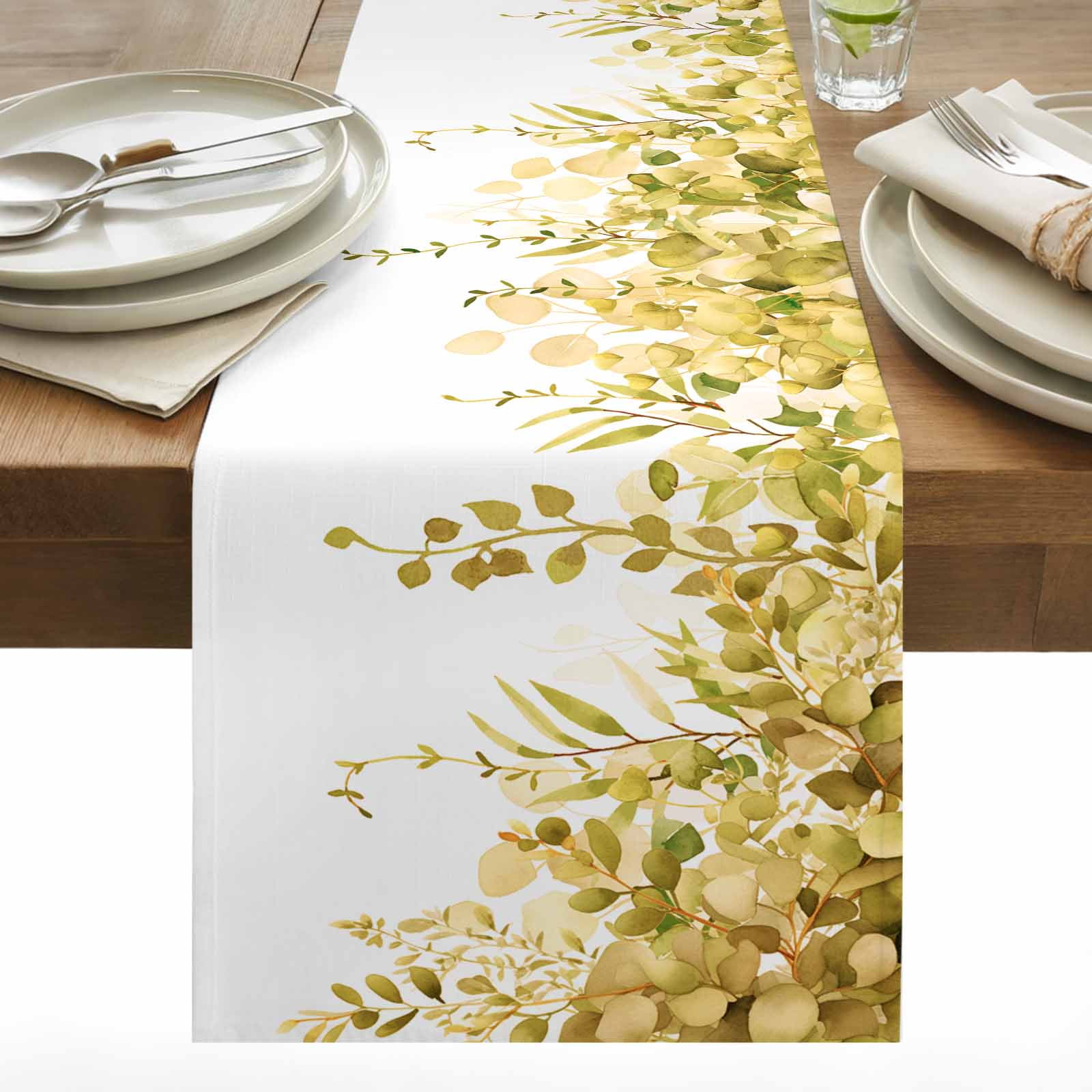 Farmhouse Cotton Linen Table Runner Watercolor Yellow Eucalyptus Leaves ...