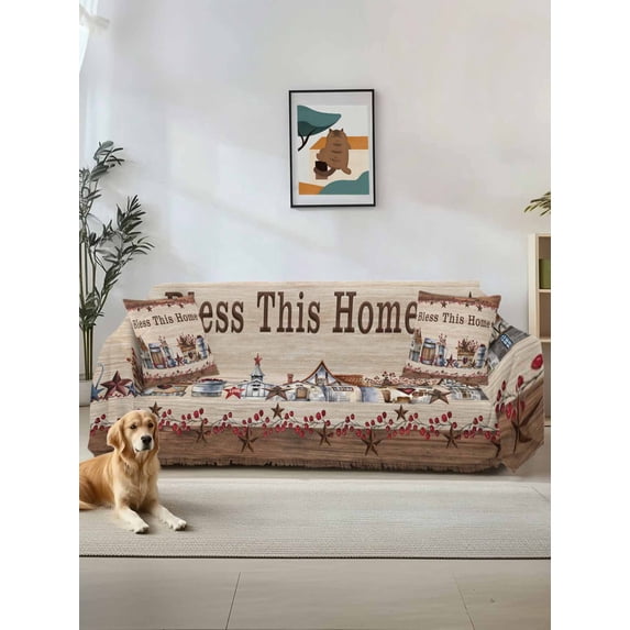 Farmhouse Couch Cover for 2 Cushion Couch, Brown Country Star Berry ...