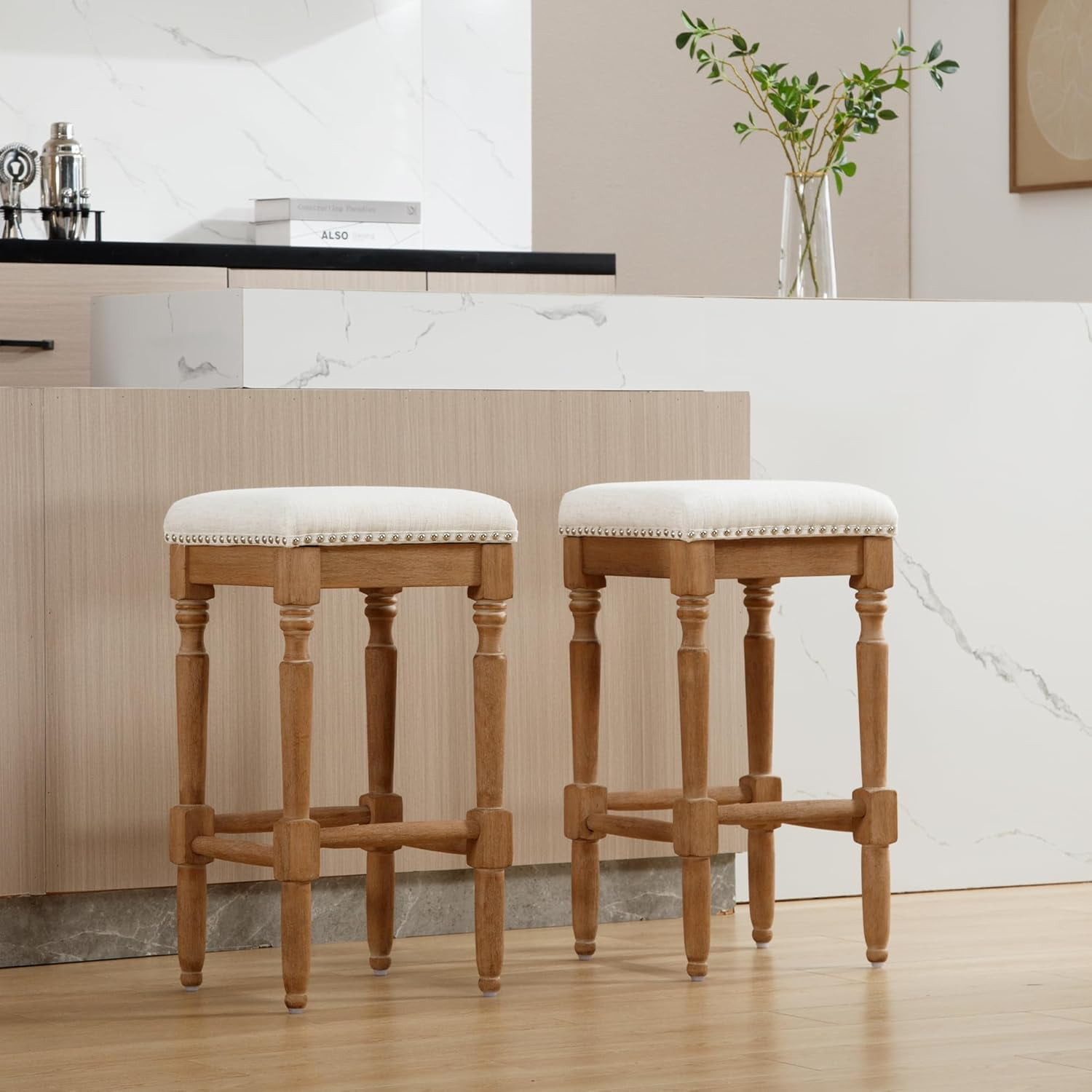 Farmhouse Counter Stools Without backrest Set of 2 Upholstered Counter ...