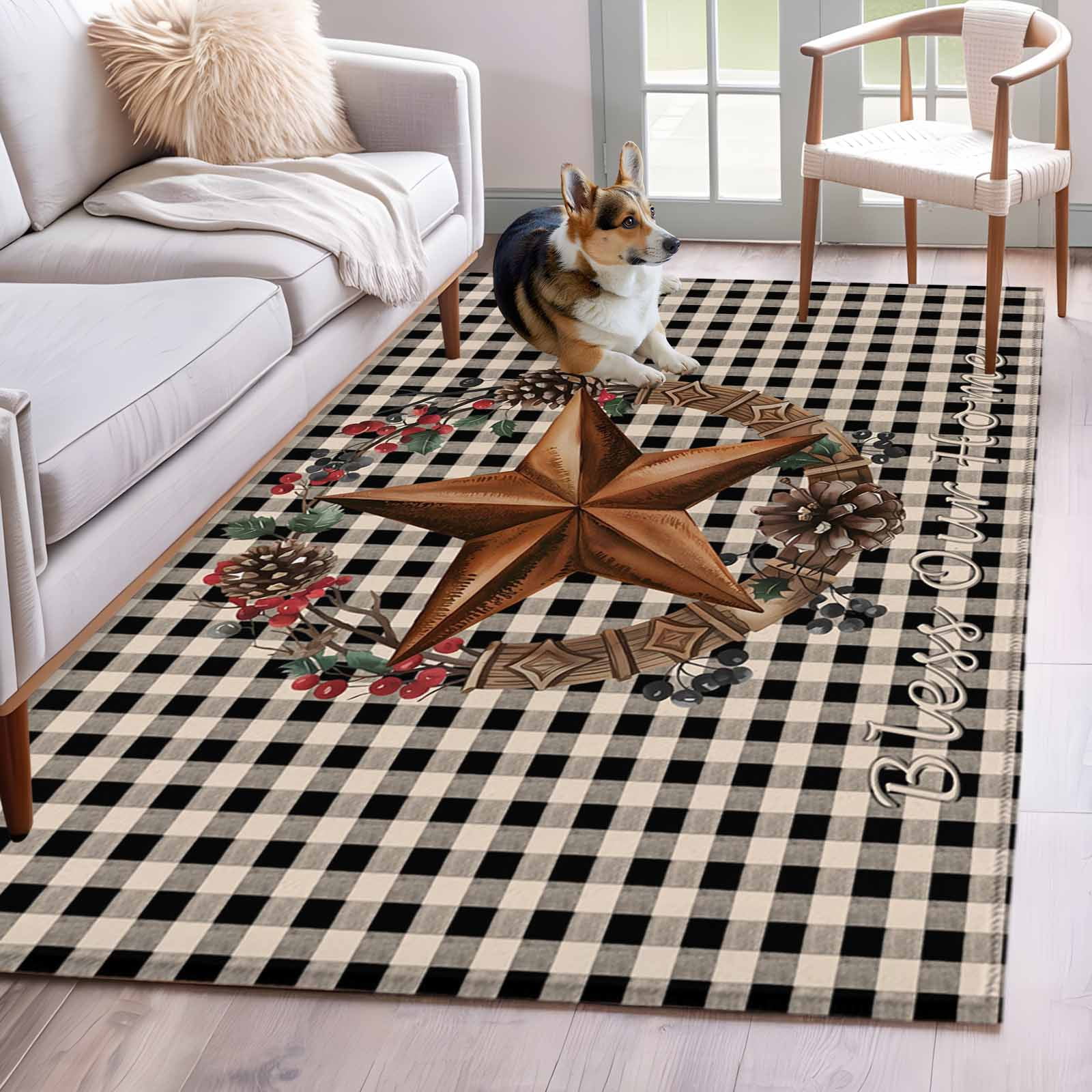 Farmhouse Country Area Rugs 4x6 ft Star Bless This Home Black Buffalo ...