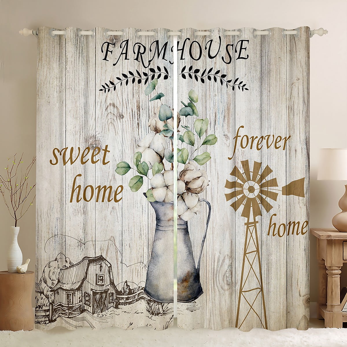 Farmhouse Country Floral Cotton Flower Blackout Curtains,Rustic Wooden ...