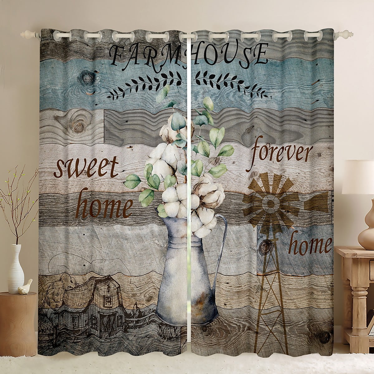 Farmhouse Country Floral Cotton Flower Blackout Curtains,Rustic Wooden ...