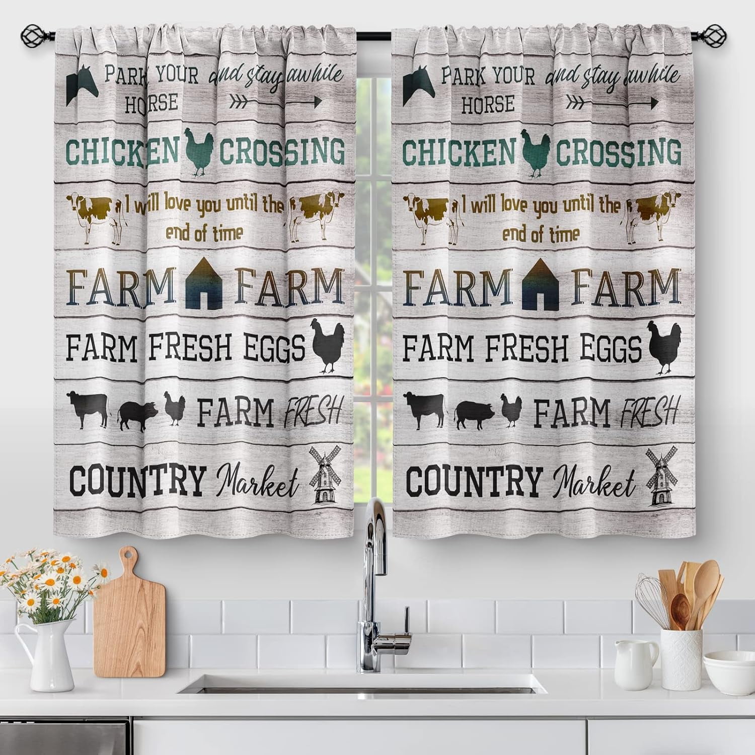 Farmhouse Country Kitchen Curtains - Farm Rooster Rustic Style Vintage ...