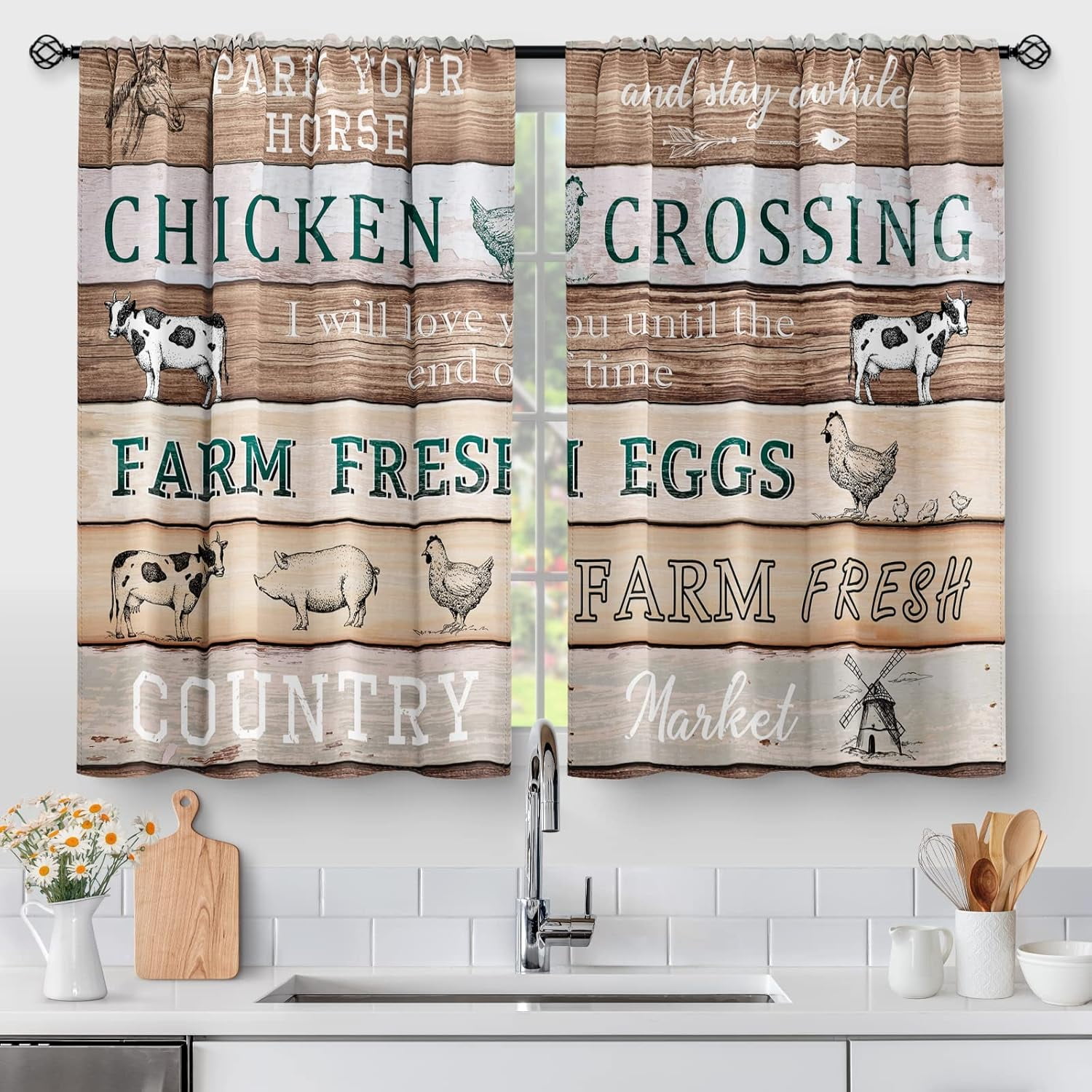 Farmhouse Country Rustic Kitchen Curtains - Retro Farm Wooden Rooster ...