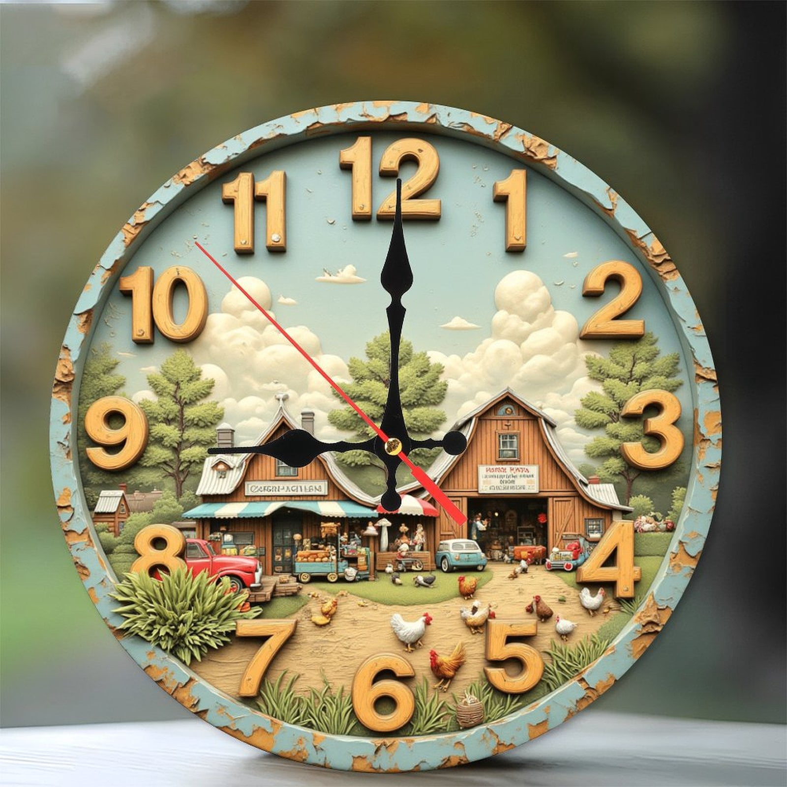 Farmhouse Country Scene Wall Clock Resin Decor 10-Inch Silent Wooden ...