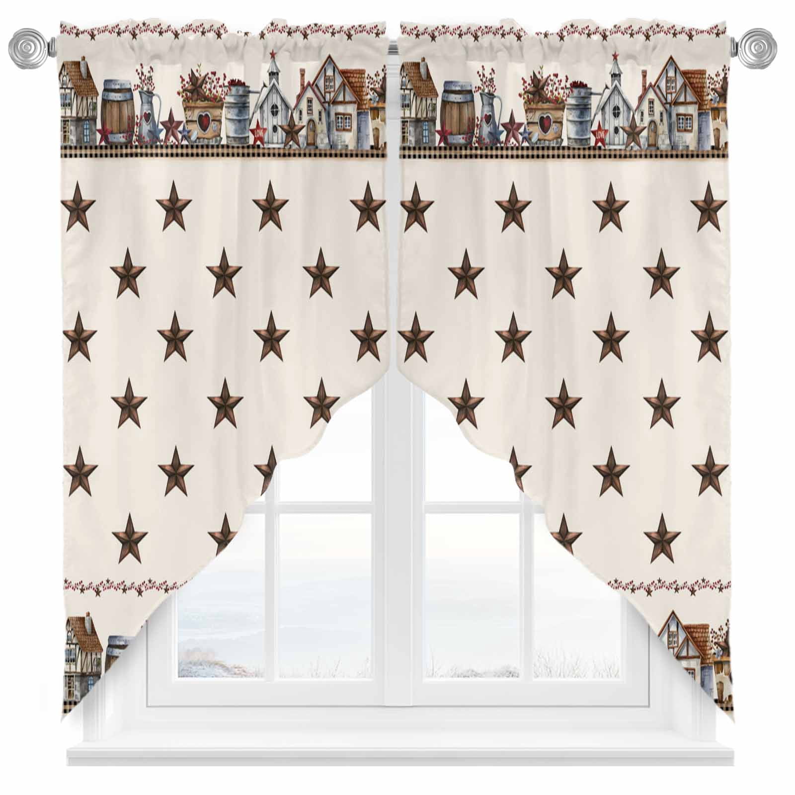 Farmhouse Country Swag Curtain Valance for Windows, Star Barn Bucket ...