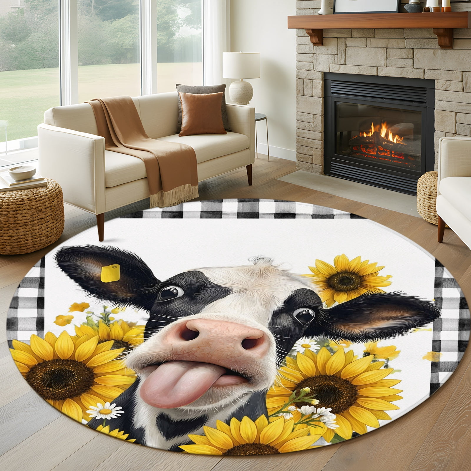 Farmhouse Cow 5FT Round Area Rugs for Living Room Animal Yellow ...