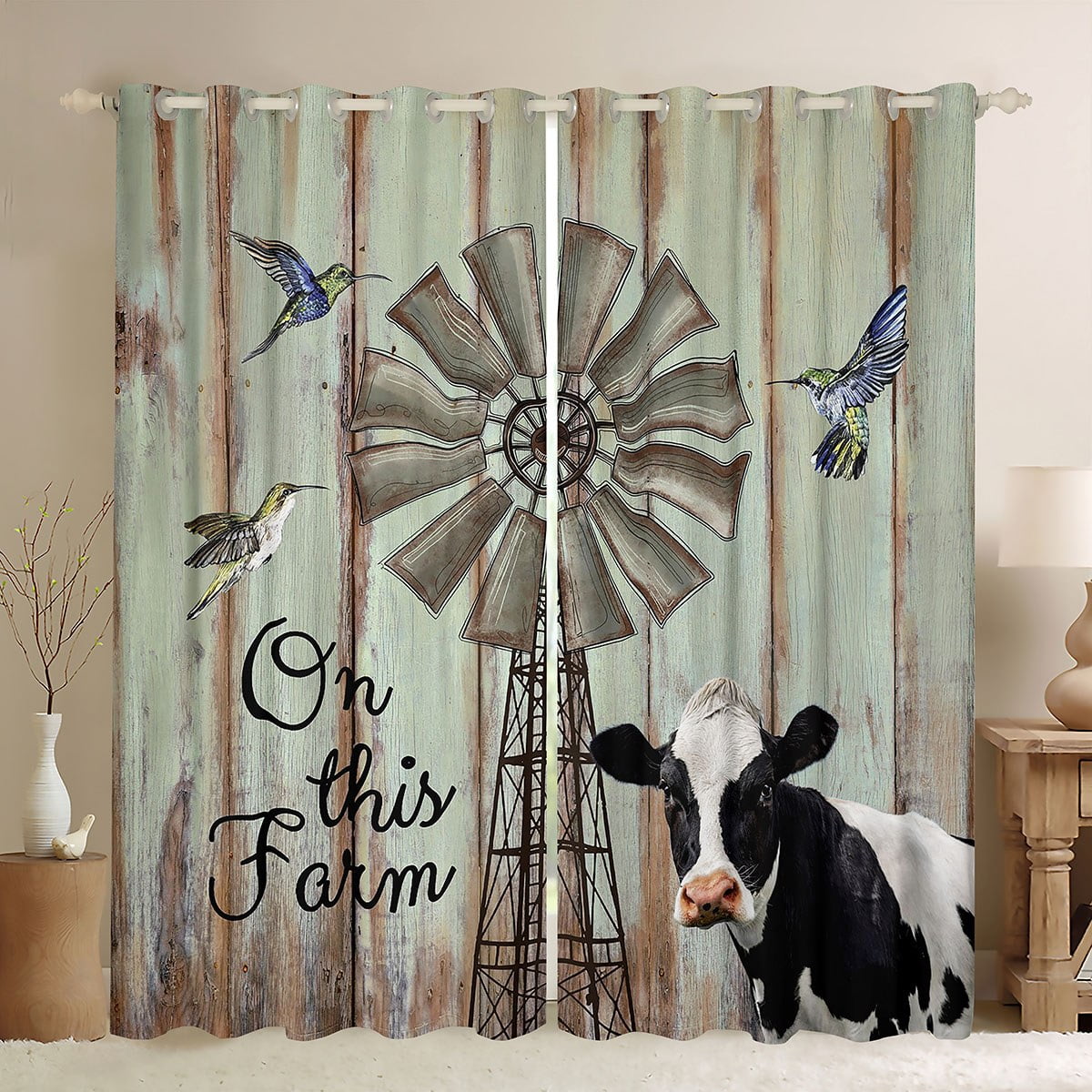 Farmhouse Cow Blackout Curtains, Rustic Windmill Curtains 52"Wx63"L For ...