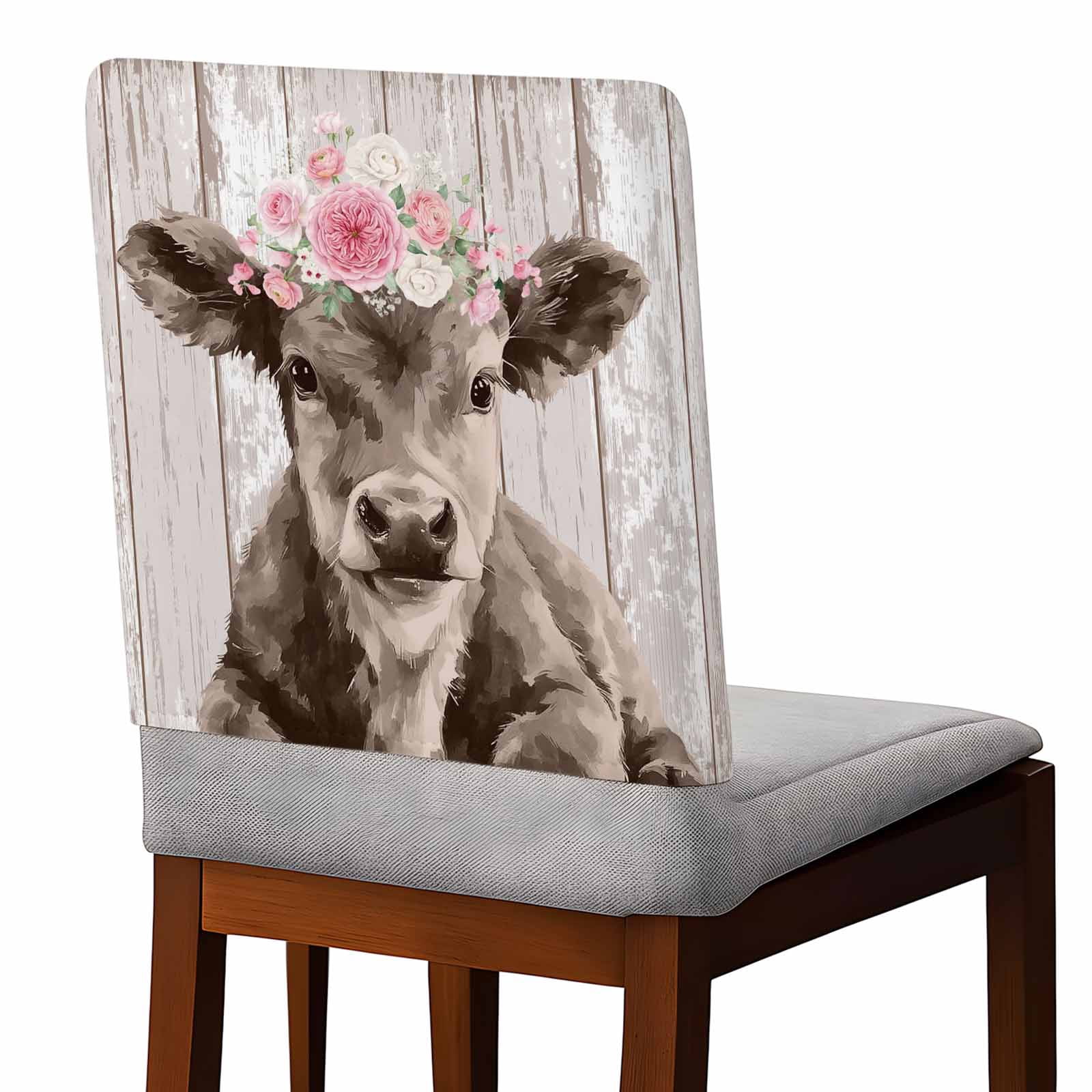 Farmhouse Cow Chair Covers Set of 8 Watercolor Animal with Pink Floral ...
