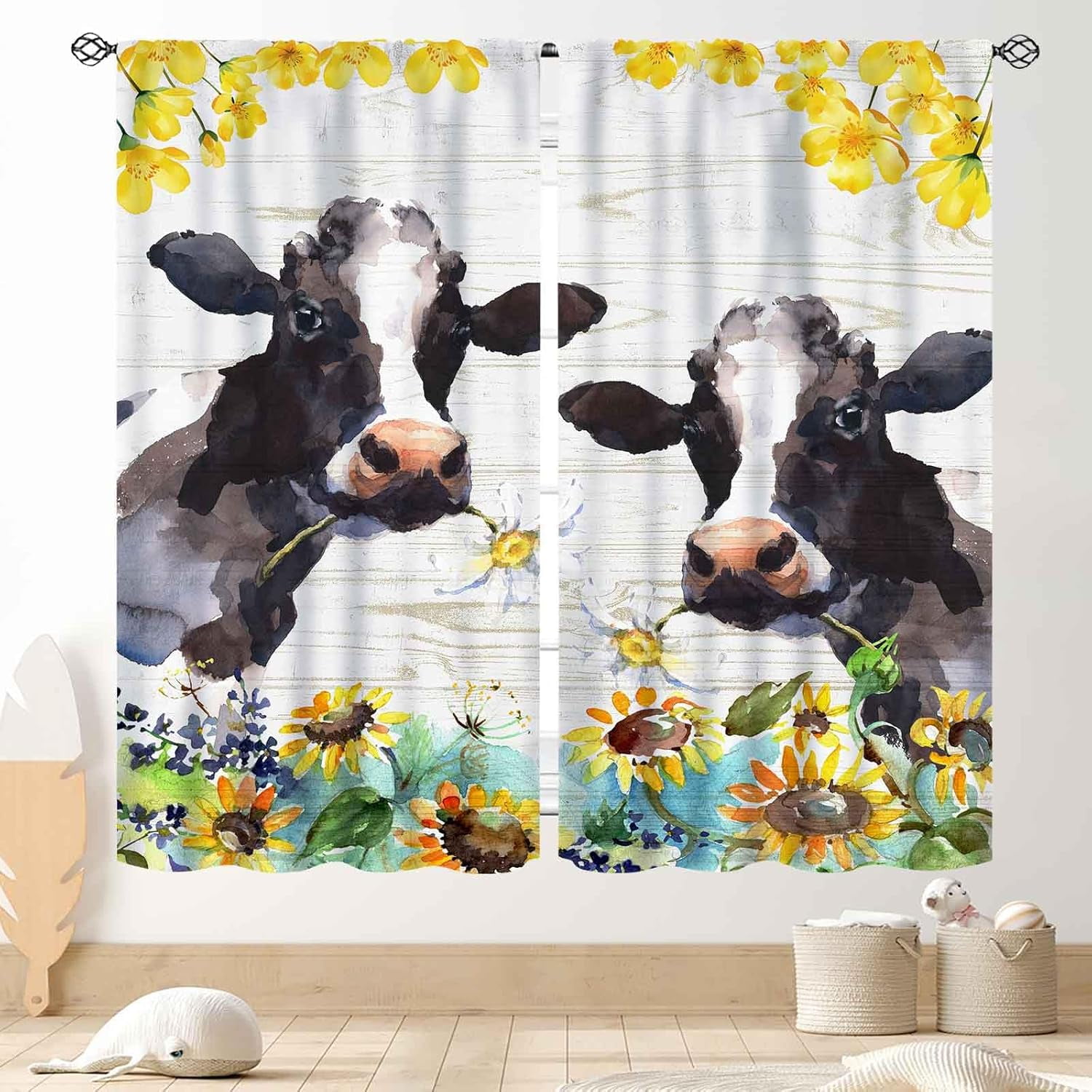 Farmhouse Cow Curtains, Rustic Farm Animal Sunflower Printed Rural ...