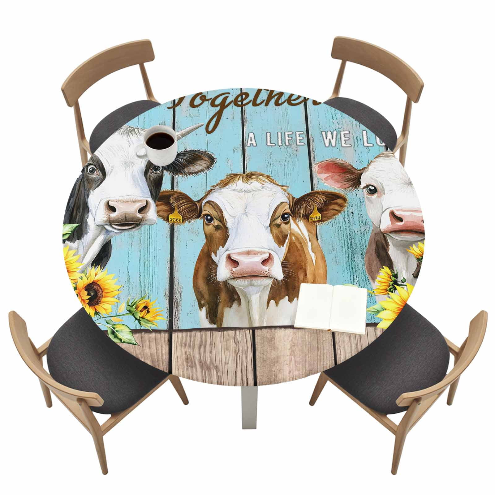 Farmhouse Cow Fitted Tablecloth with Elastic Edged, Round Table Cloth ...