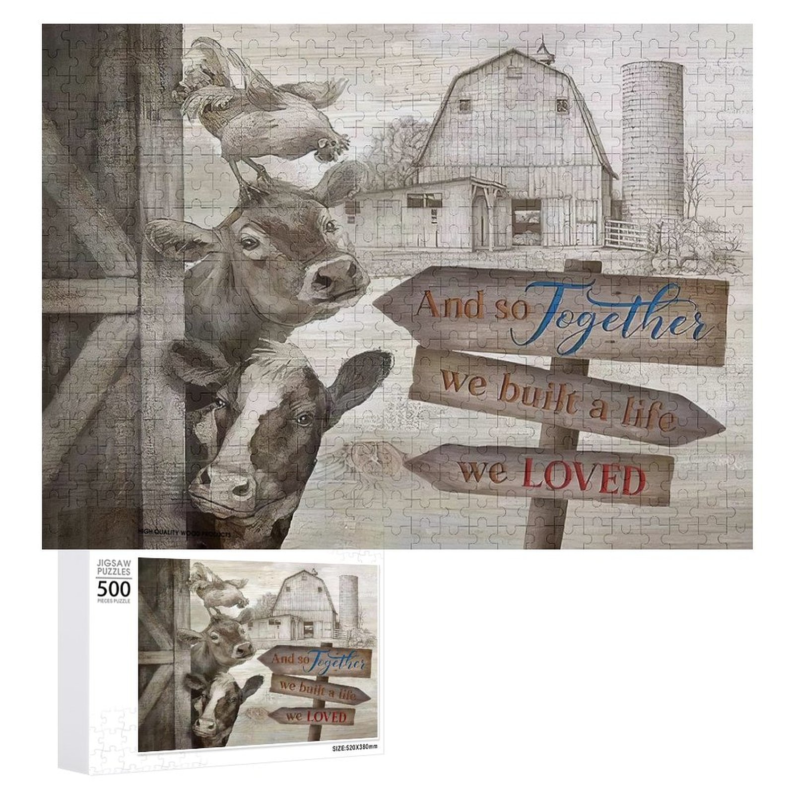 Farmhouse Cow Hen Barn 500 Piece Jigsaw Puzzles for Adults - Rustic Cow Chicken Barn Poster ...