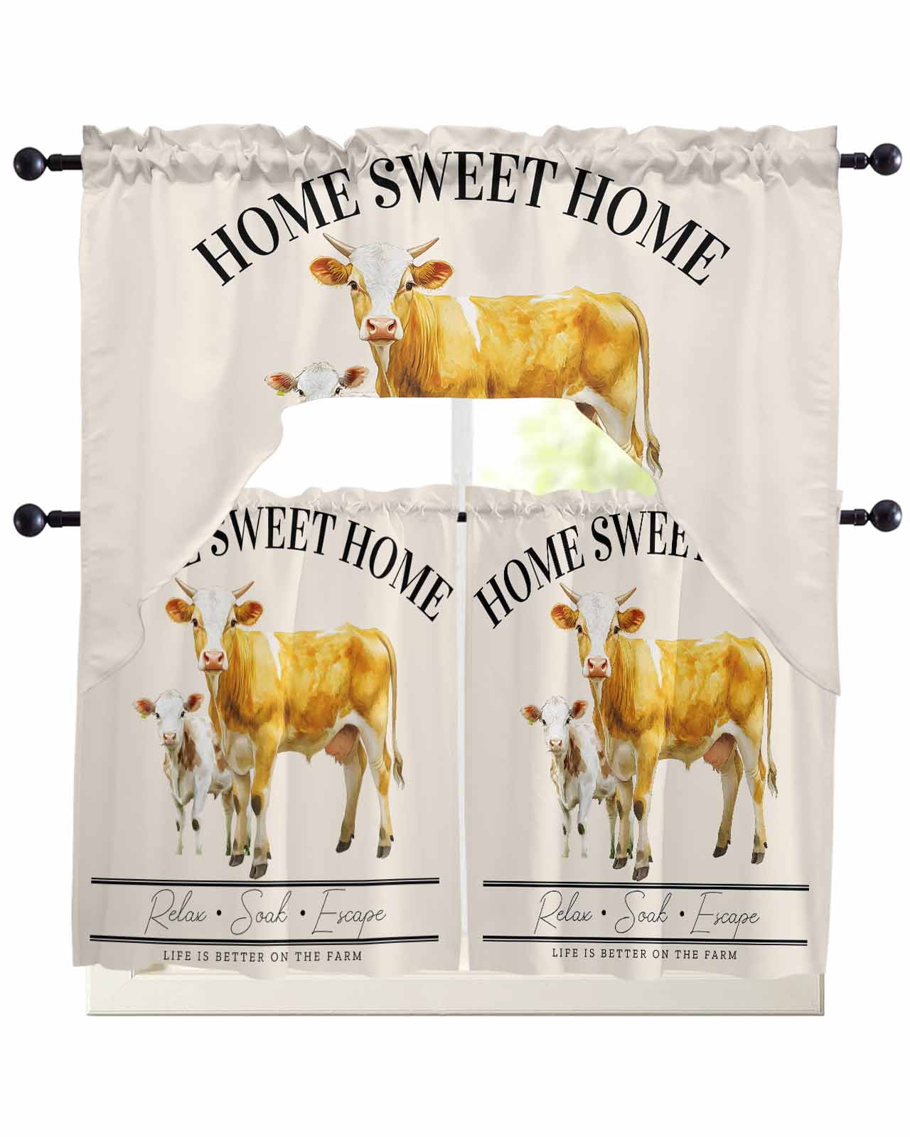 Farmhouse Cow Kitchen Curtains Swag Valance and Tier Curtains Set 24 ...