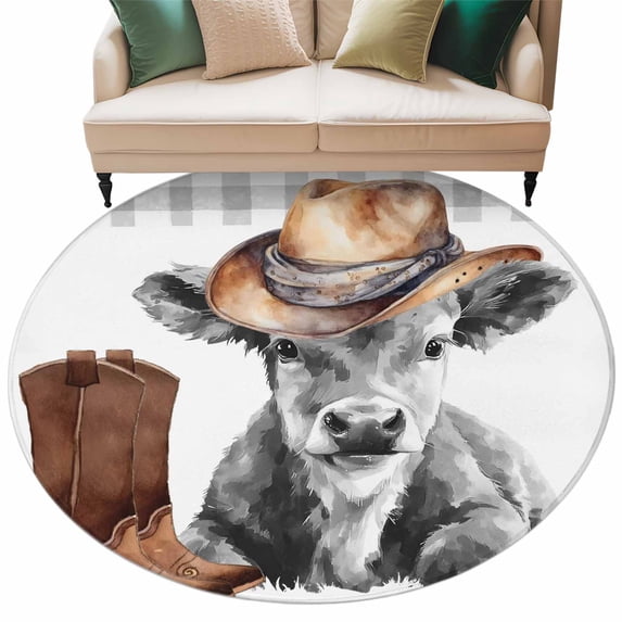 Farmhouse Cow Large Round Rug 8Ft Grey Animal with Cowboy Hats Western ...