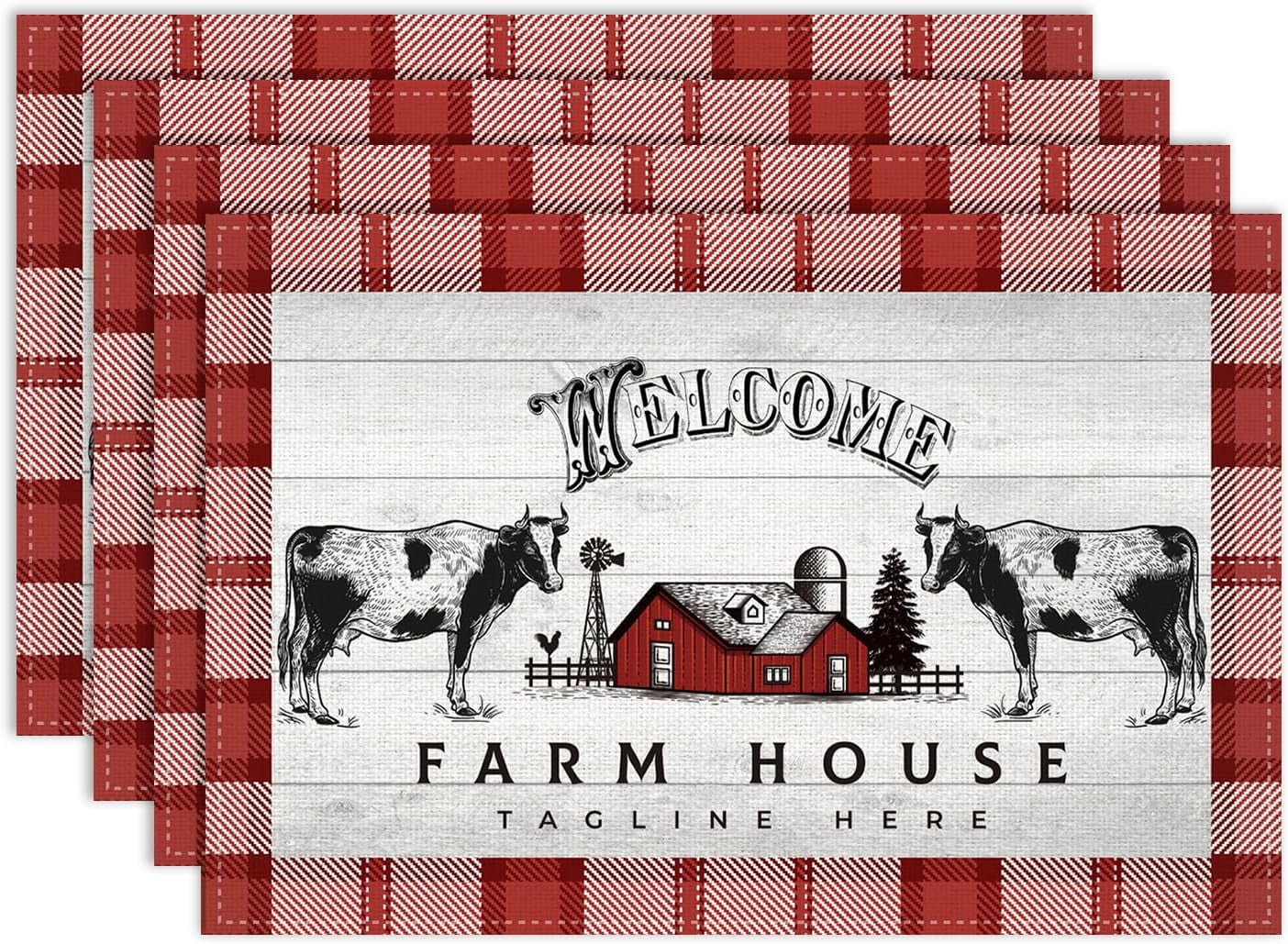 Farmhouse Cow Placemat Set of 4, 12x18 Inch Rustic Red Plaid Buffalo ...