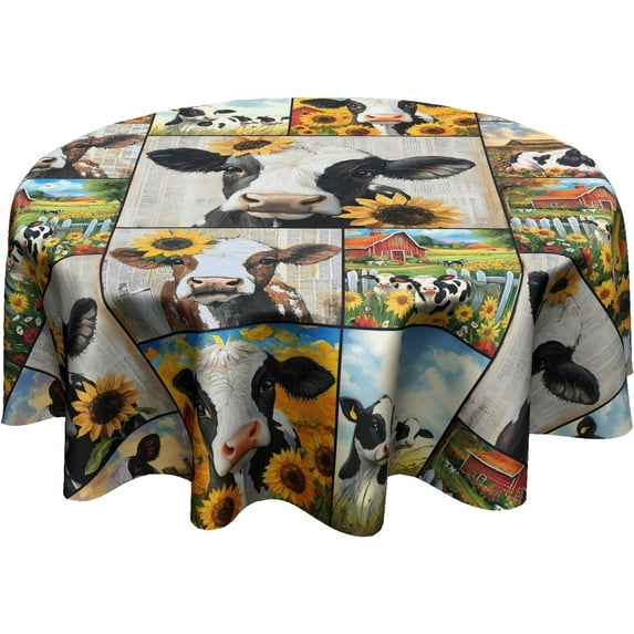 Farmhouse Cow Print Tablecloth Round - Farm Sunflower Floral Animal ...