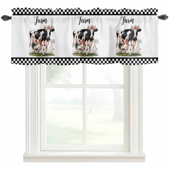 Farmhouse Cow Rod Pocket Curtain Valance, Country Farm Rooster Floral ...