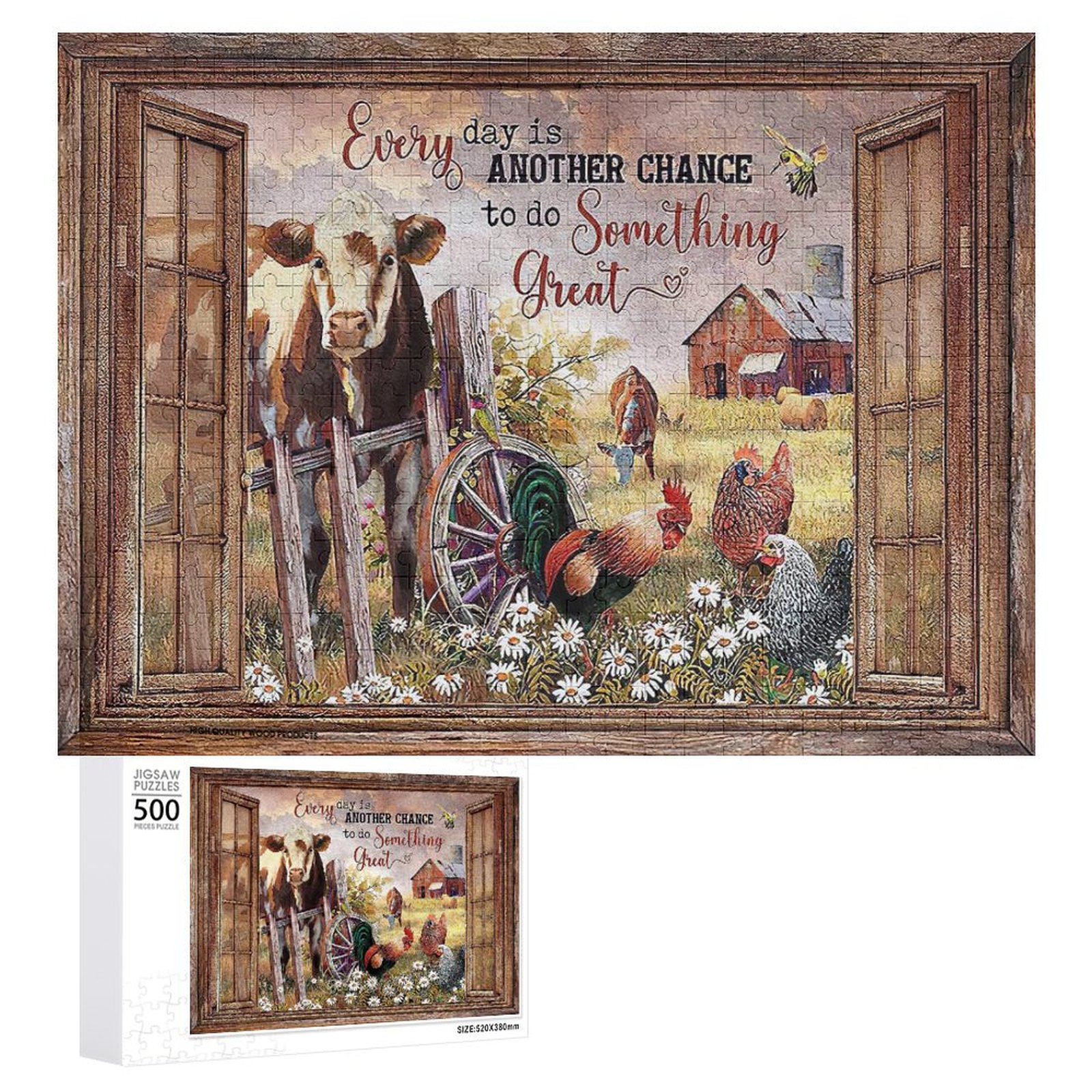 Farmhouse Cow Rooster Barn 500 Piece Jigsaw Puzzles for Adults - Rustic Country Farm Animals ...
