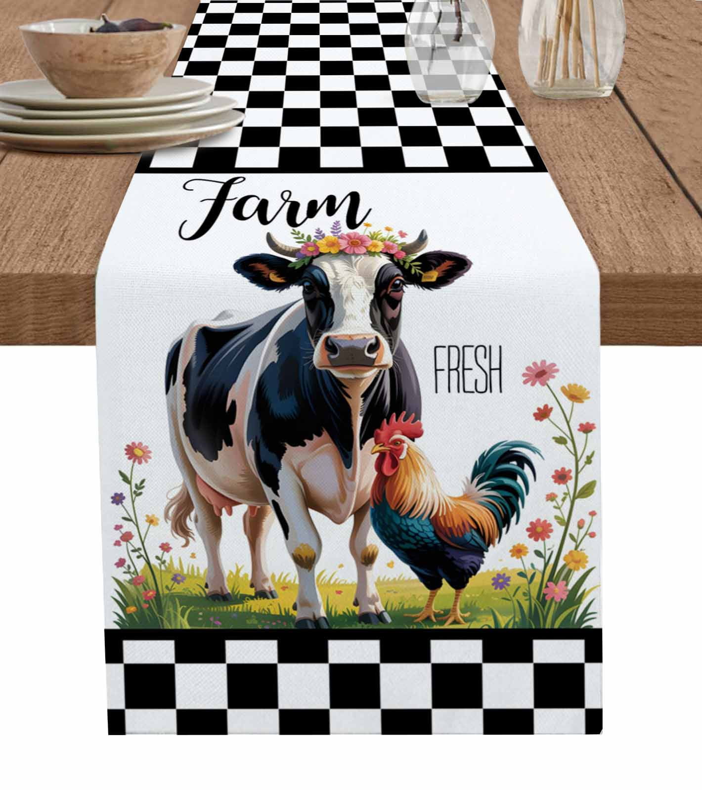 Farmhouse Cow Rooster Table Runner 72 Inches, Country Animals Black ...