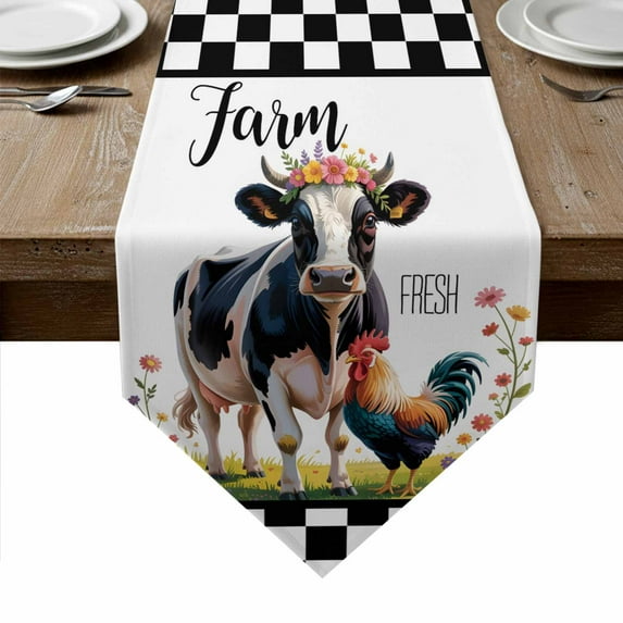 Farmhouse Cow Rooster Table Runner Linen Burlap Table Runner 36 Inches ...