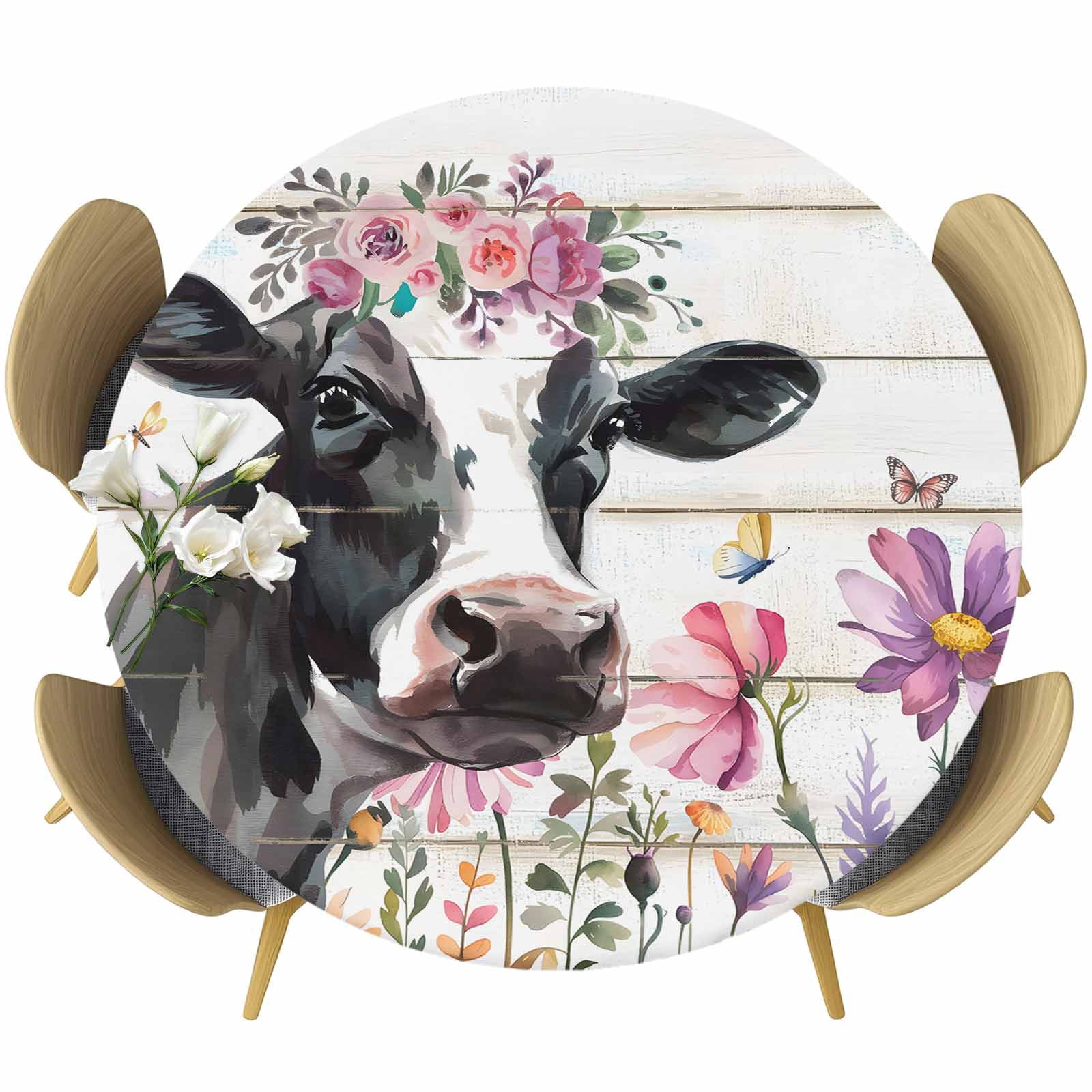 Farmhouse Cow Round Fitted Tablecloth with Elastic Edge, Farm Animal ...