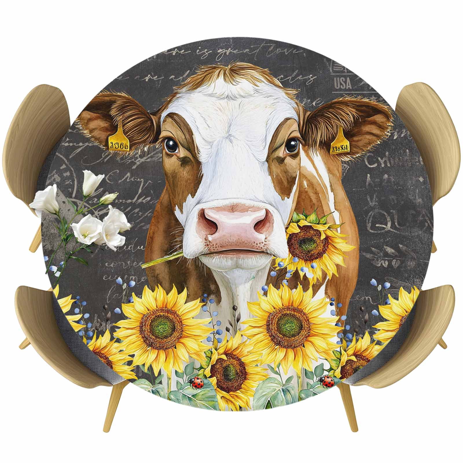 Farmhouse Cow Round Tablecloth, Fitted Table Cover with Elastic for 36 ...