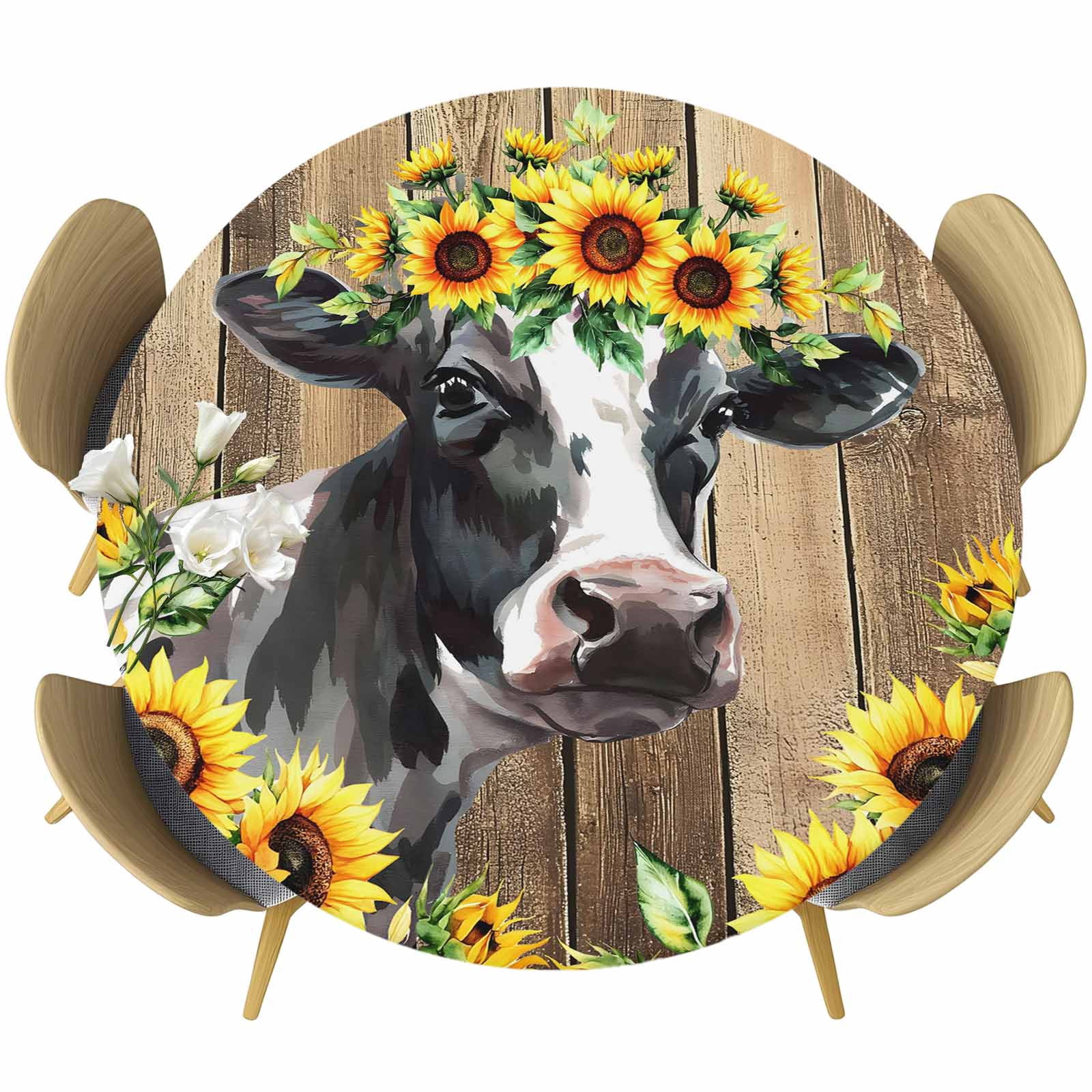 Farmhouse Cow Round Tablecloth, Fitted Table Cover with Elastic for 45 ...